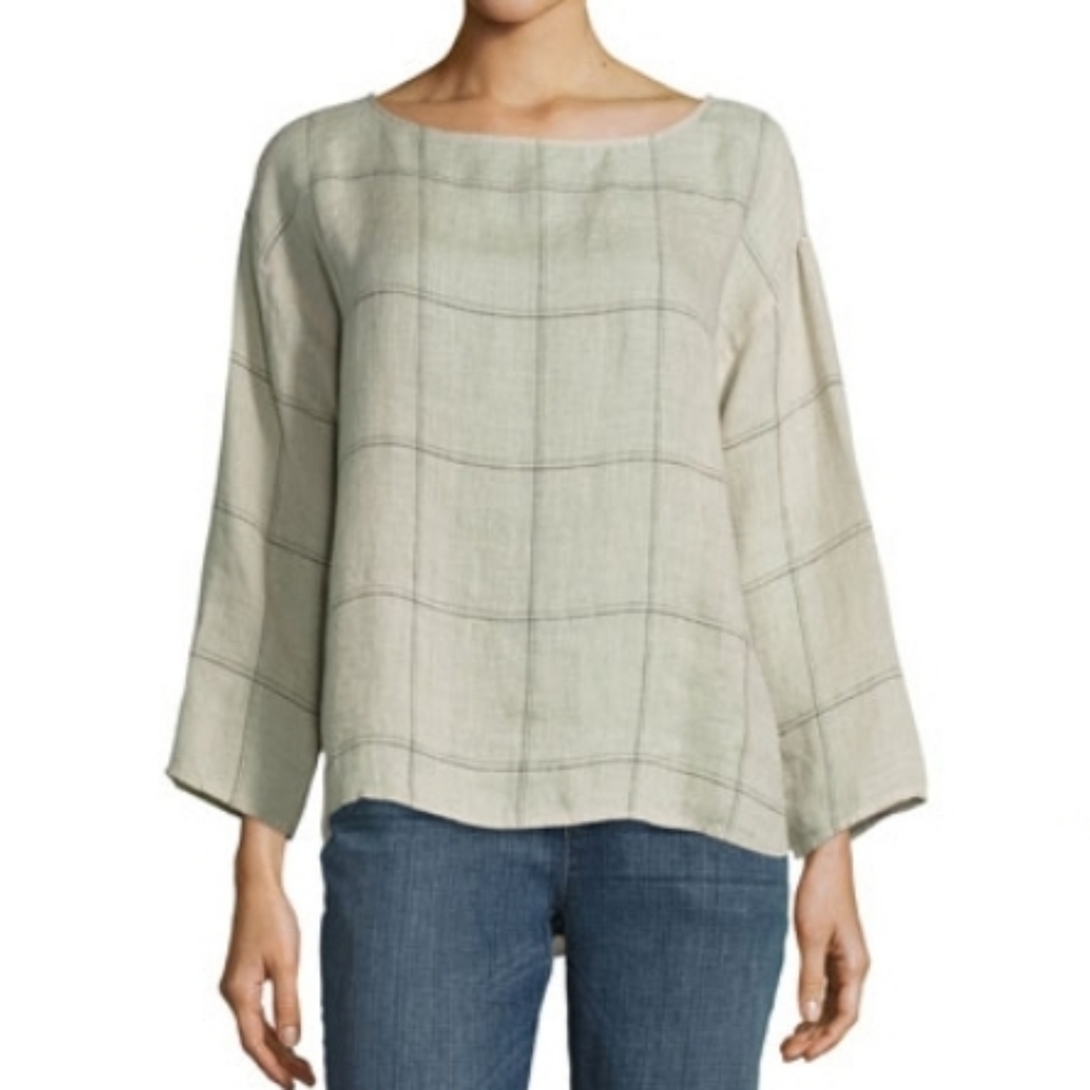 Eileen Fisher Rustic Windowpane Linen Box Top Sz Pm - Gem